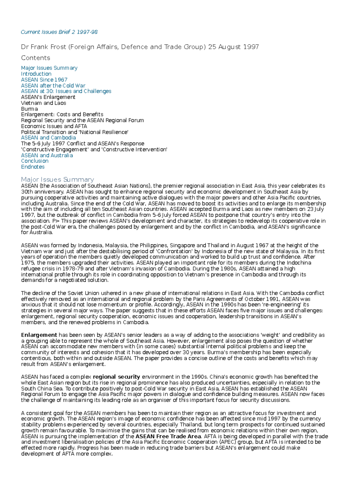 Asean enlargement (Major Issue Problems) - Current Issues Brief 2 1997 ...