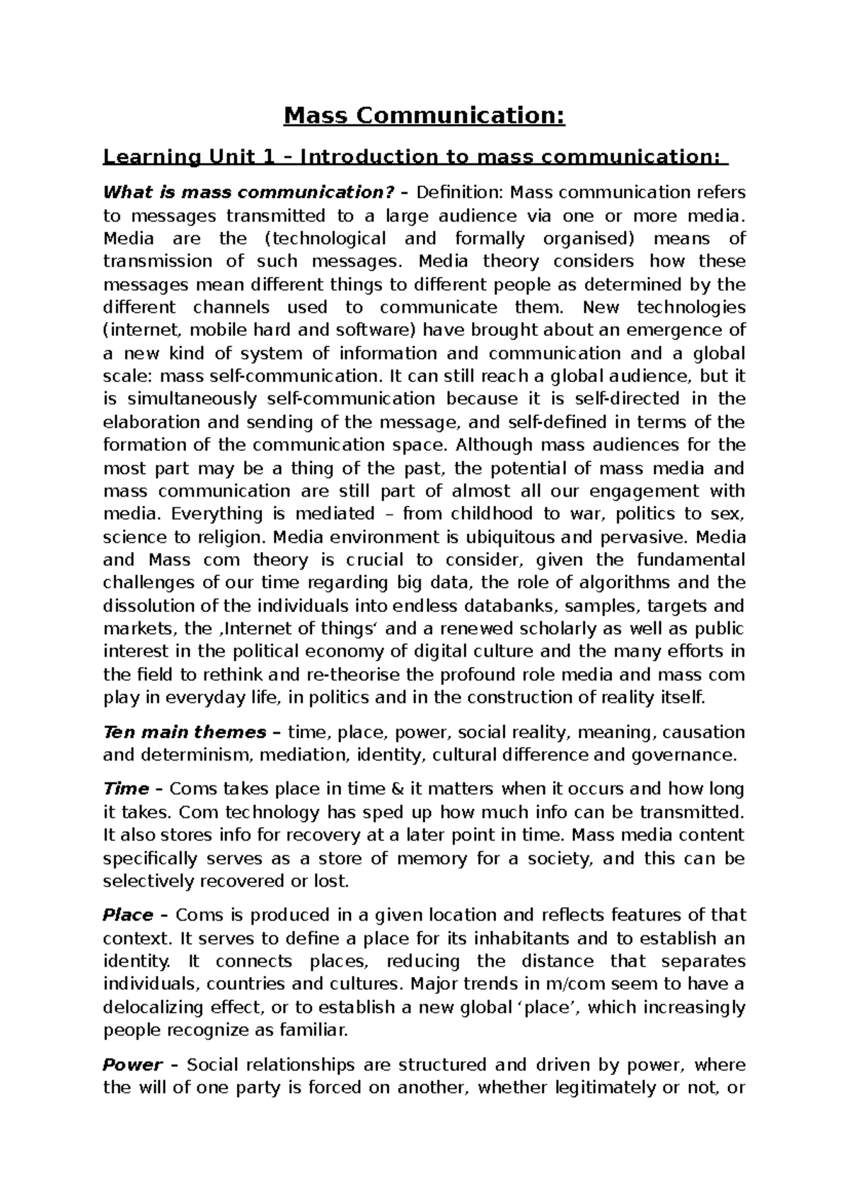 Mass Communication Notes - Mass Communication: Learning Unit 1 ...