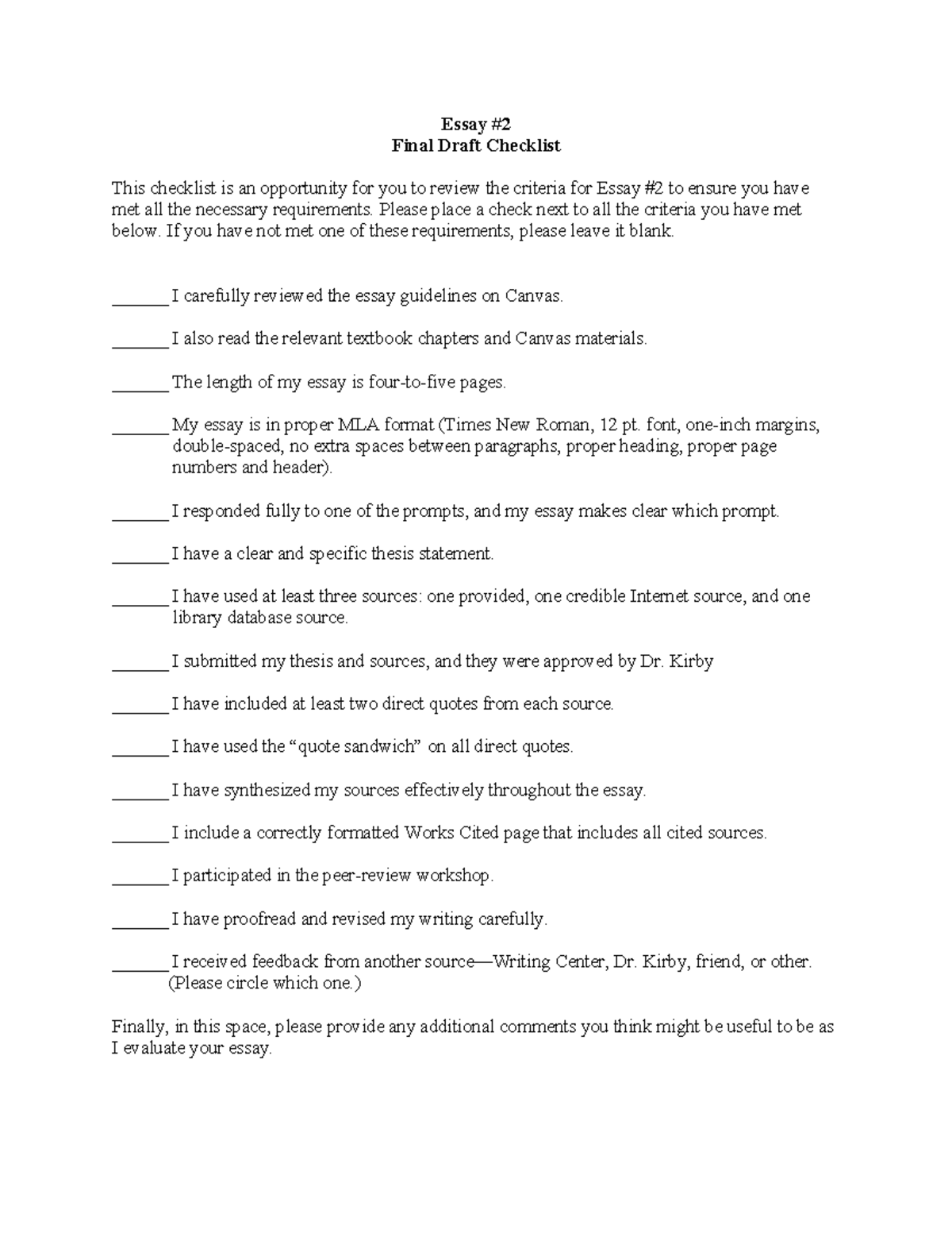 Essay+%232+Checklist+1302 - Essay # Final Draft Checklist This ...