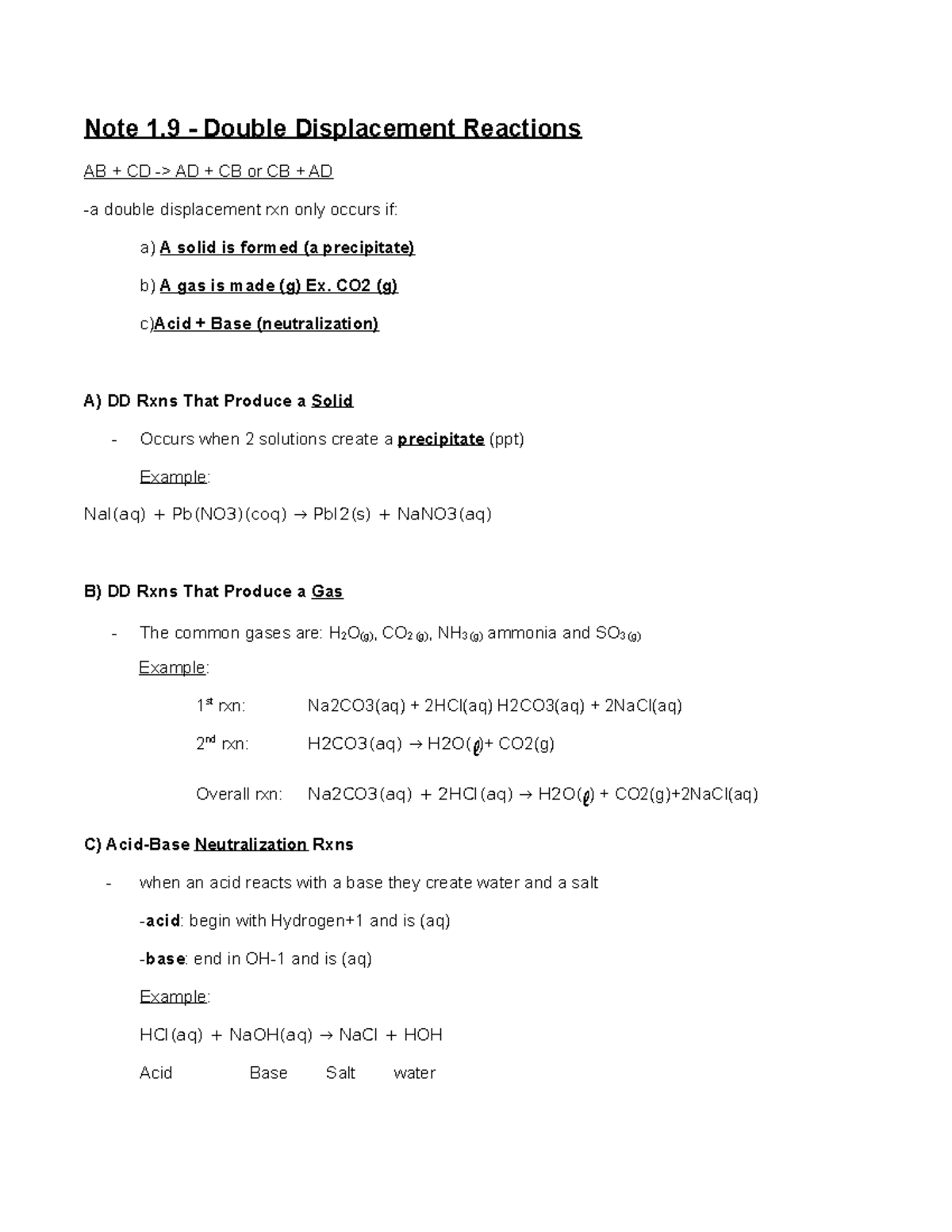 Copy of Note 1-9 (FITB) Double Displacement Reactions - Note 1 - Double ...