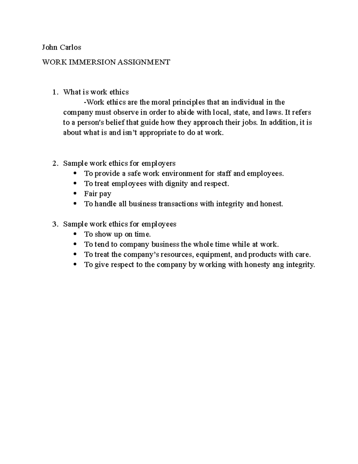 Work immersion - Work ethics - John Carlos WORK IMMERSION ASSIGNMENT ...