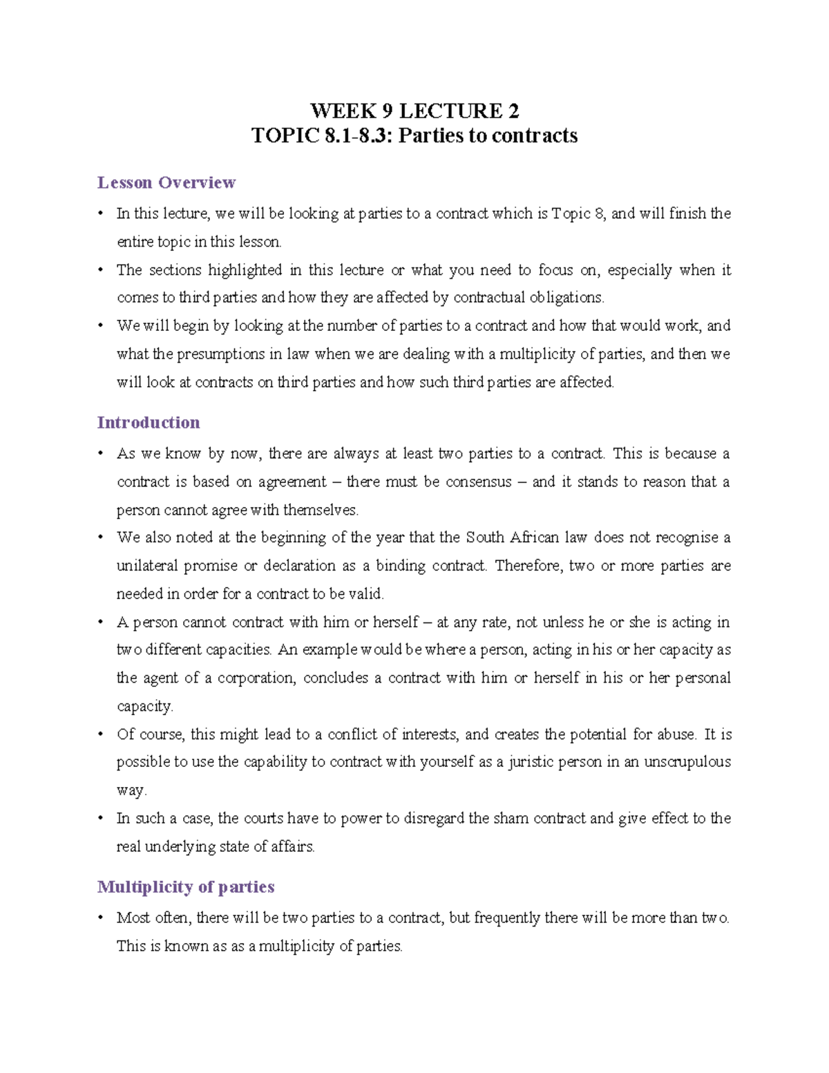 Parties to contracts - Summary notes - WEEK 9 LECTURE 2 TOPIC 8.1-8 ...