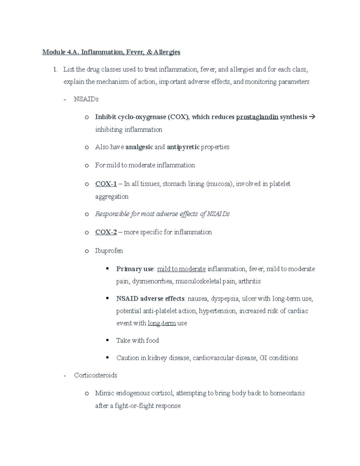 Module 4 - Learning objectives - Module 4. Inflammation, Fever ...