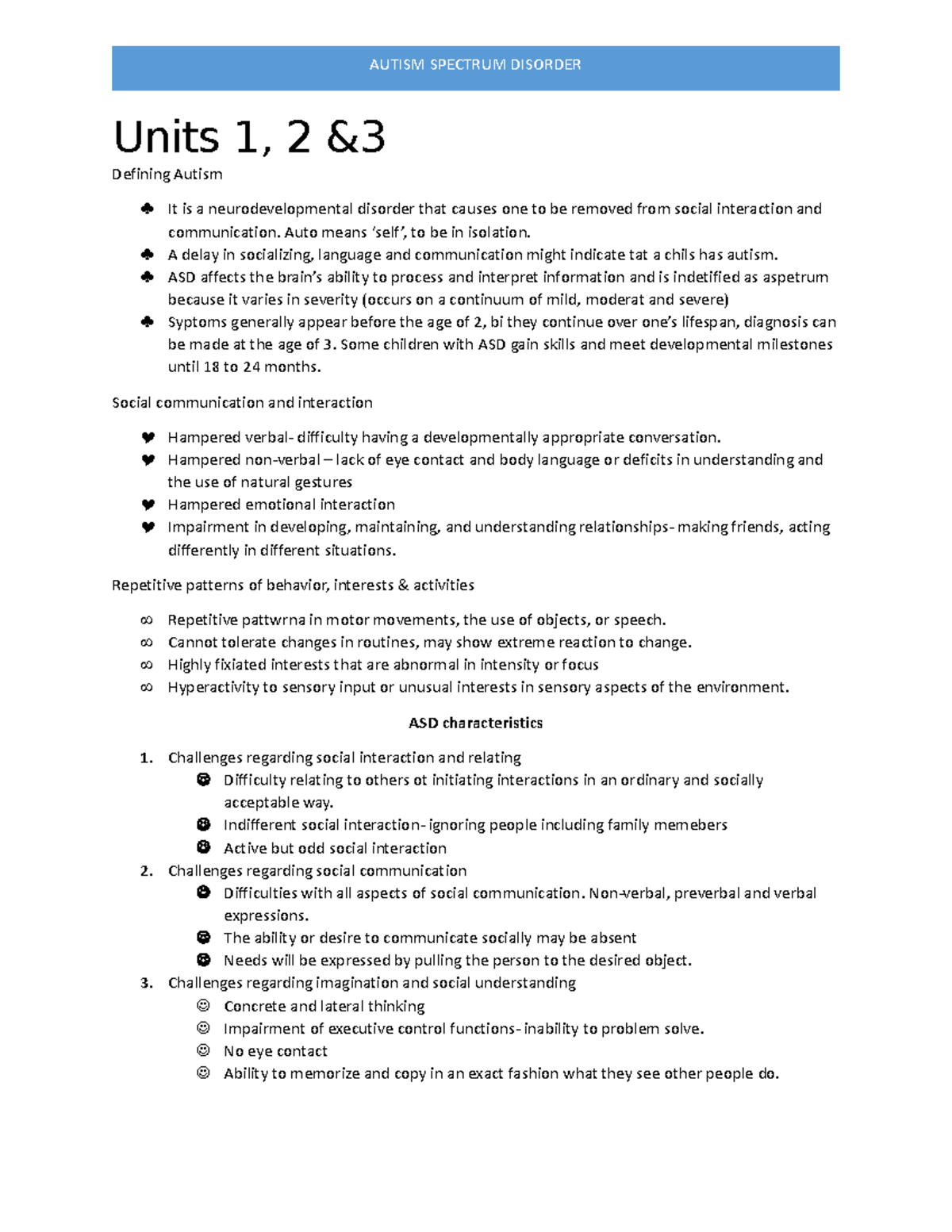 S2 Theme 3 - Summarized Notes - Units 1, 2 & Defining Autism It is a ...