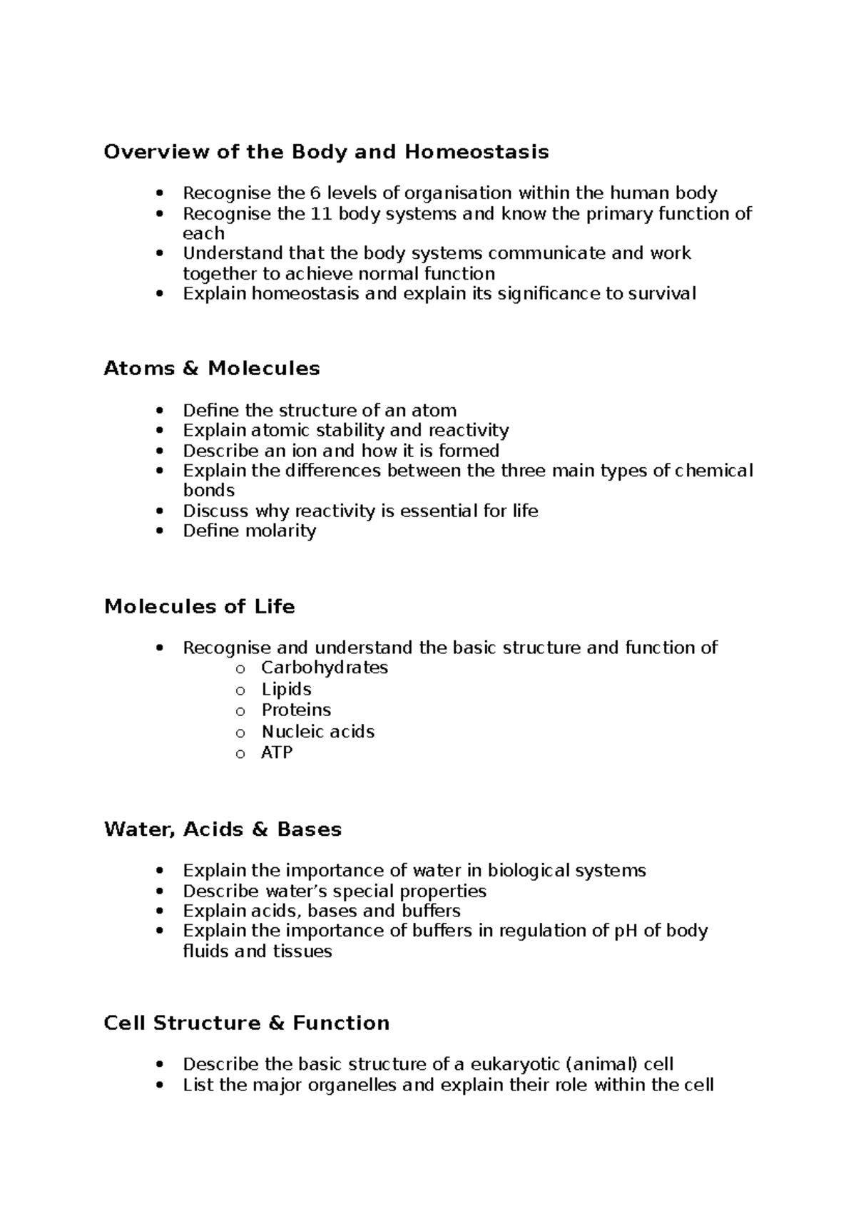 HUBS1401 - Week 1 and 2 learning outcomes - Overview of the Body and ...