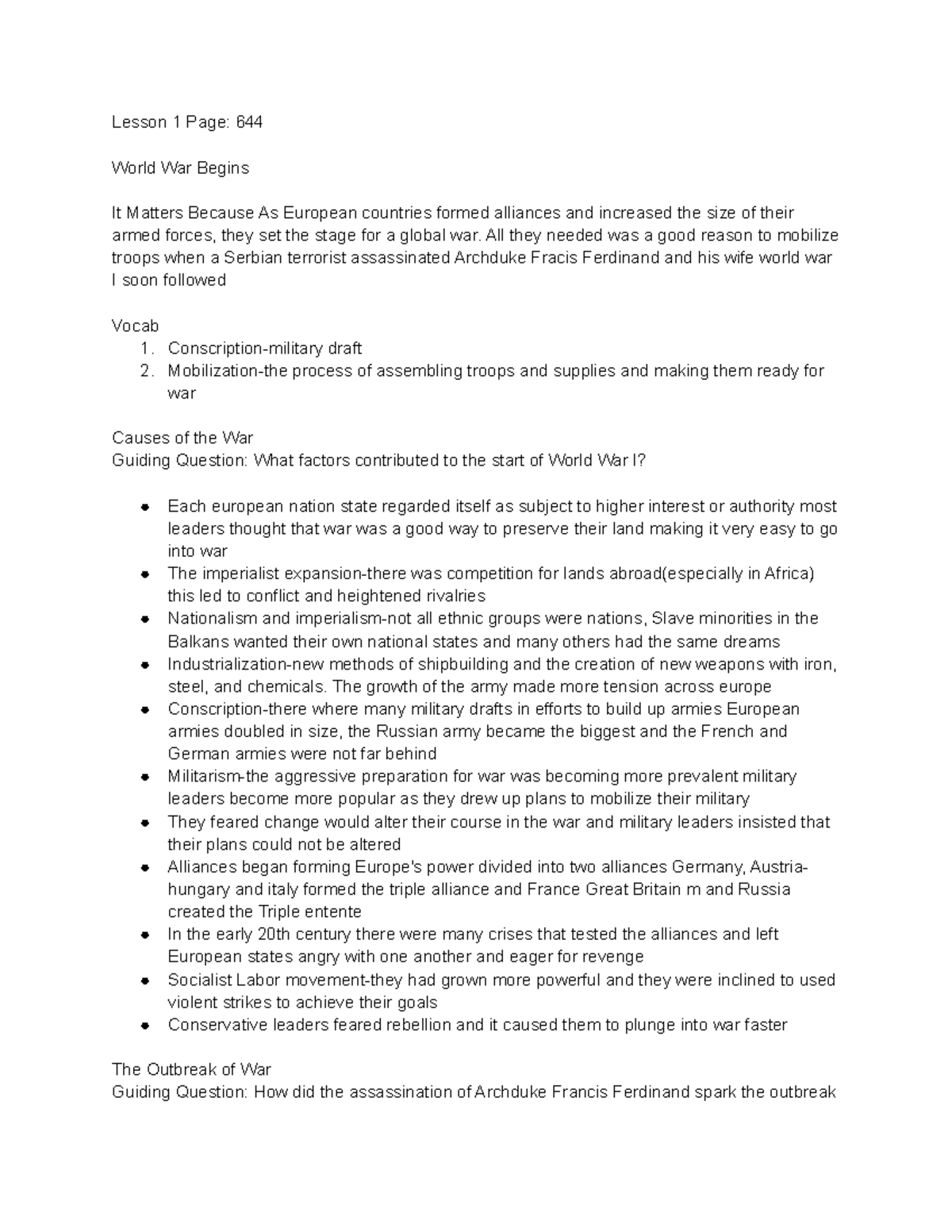 Quarter 4 History Notes - Lesson 1 Page: 644 World War Begins It ...