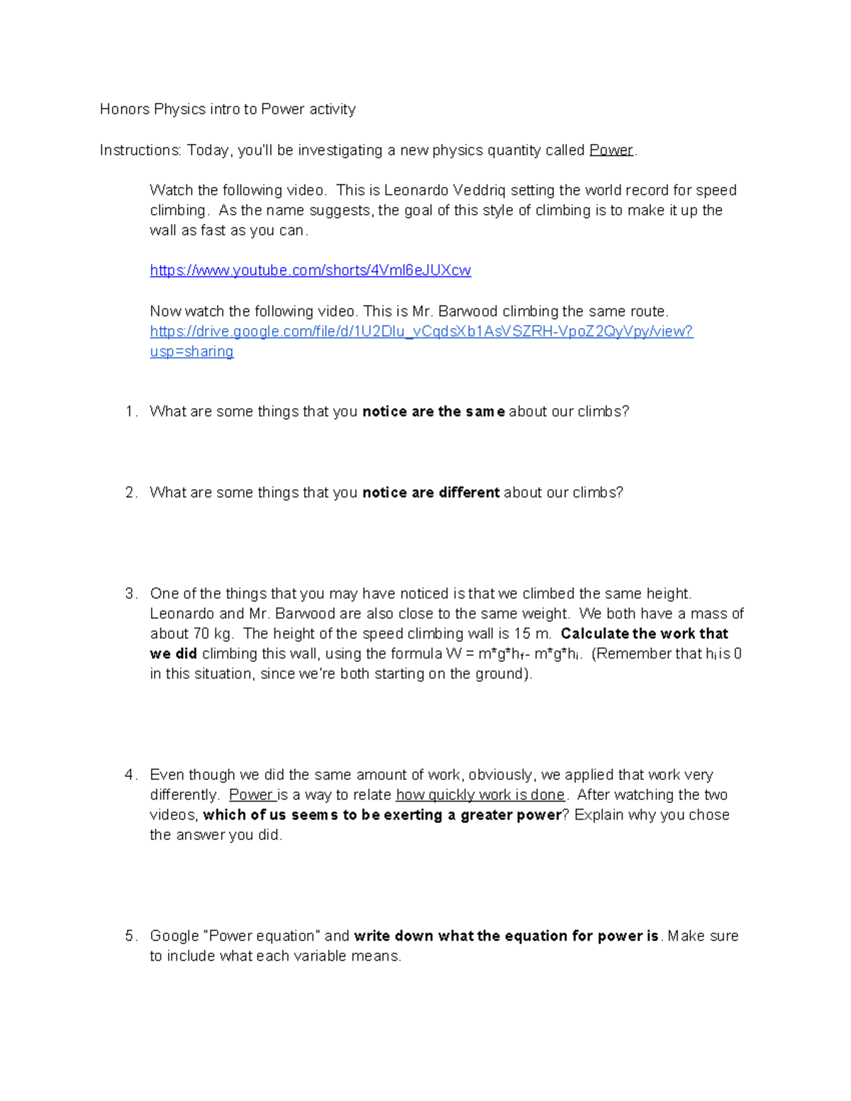 Honors Physics intro to Power activity - Honors Physics intro to Power ...