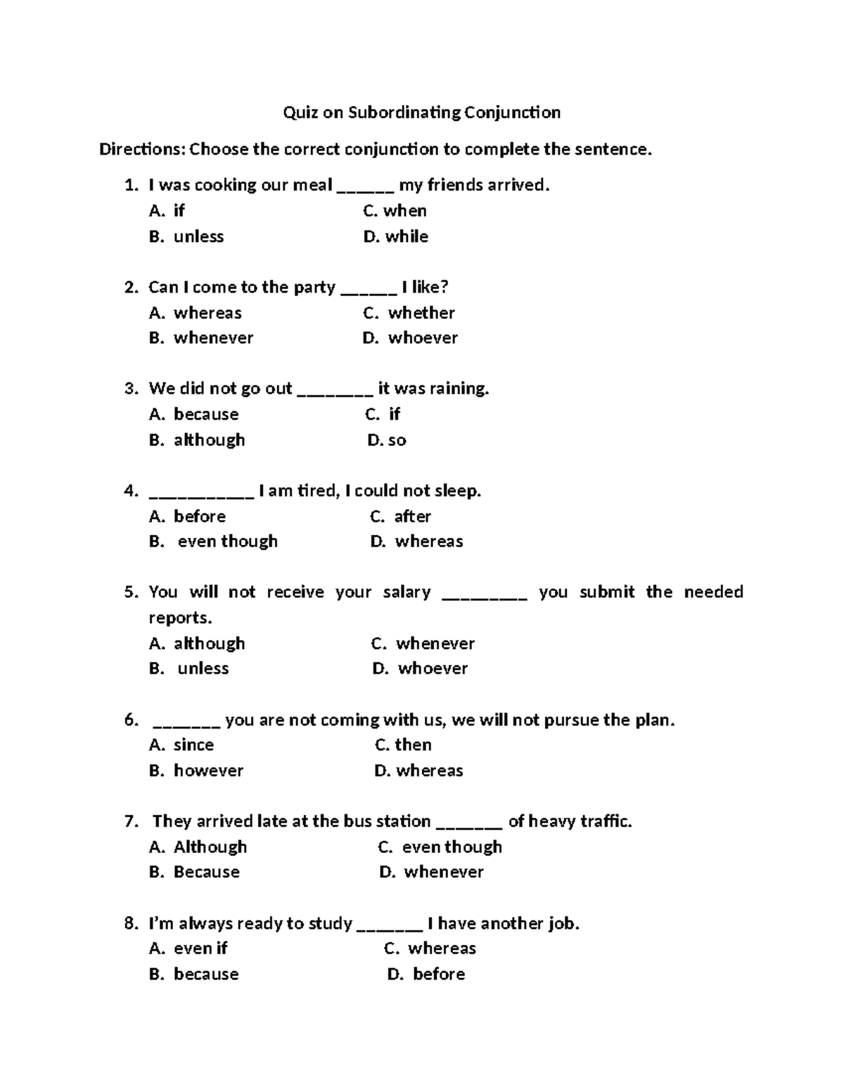 Quiz on Subordinating Conjunction - Quiz on Subordinating Conjunction ...
