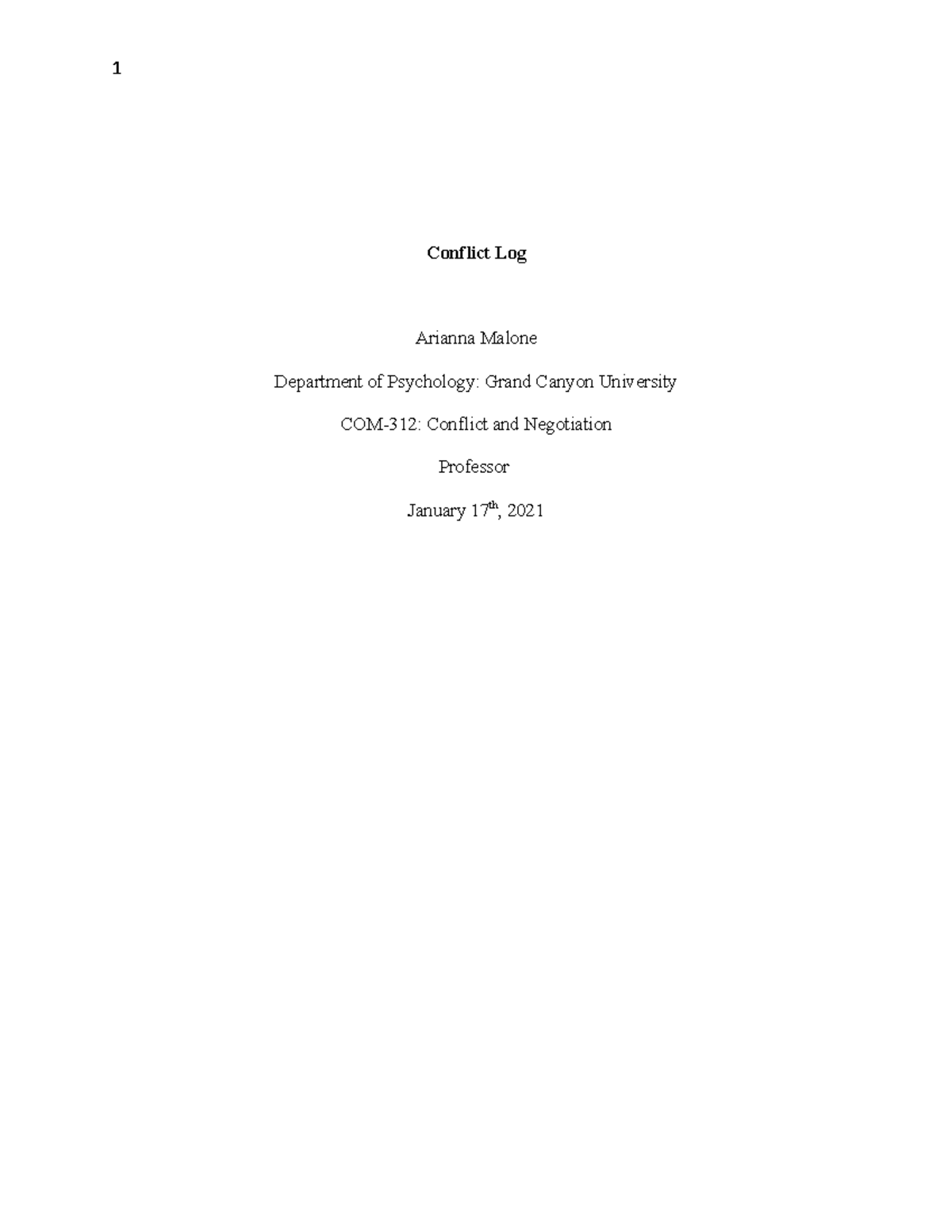 Conflict Log Part One - Conflict Log Arianna Malone Department of ...