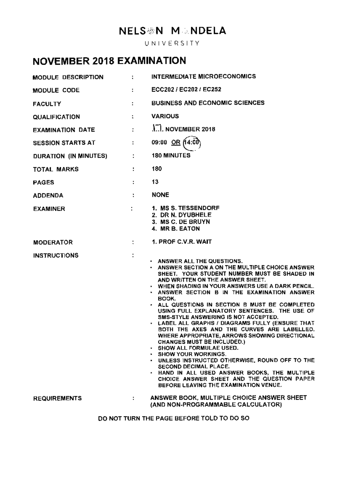 ECC 202 NOV 2018 - Past paper - NELS N M NDELA UNIVERSITY NOVEMBER 2018 ...