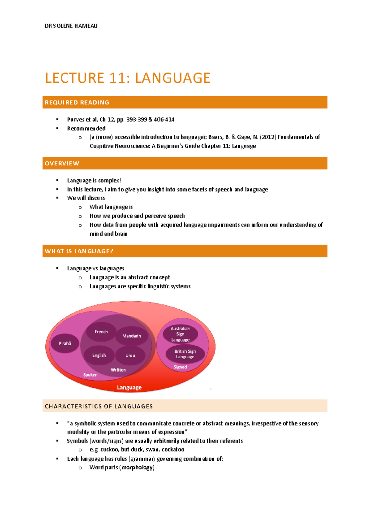 Lecture 11 - LECTURE 11: LANGUAGE REQUIRED READING Purves et al, Ch 12 ...