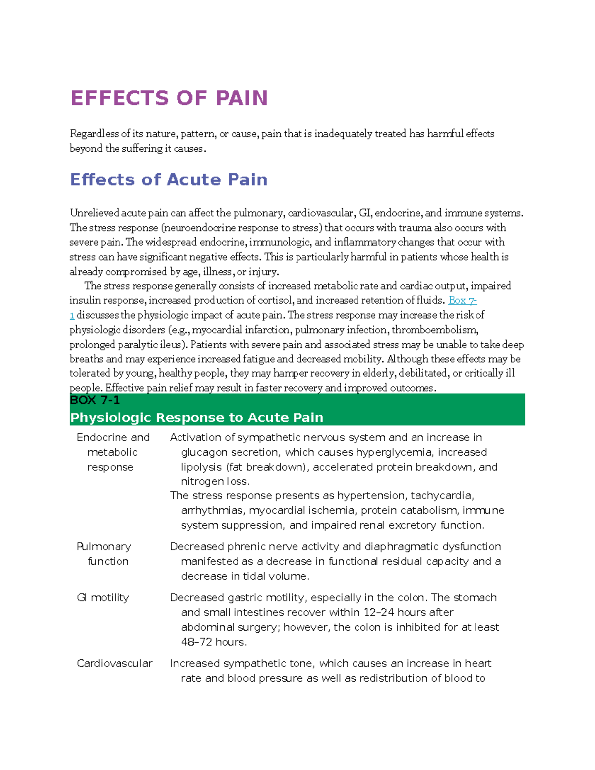 Effects OF PAIN - Summary Nursing & Healthcare Vii: Adult Health And ...