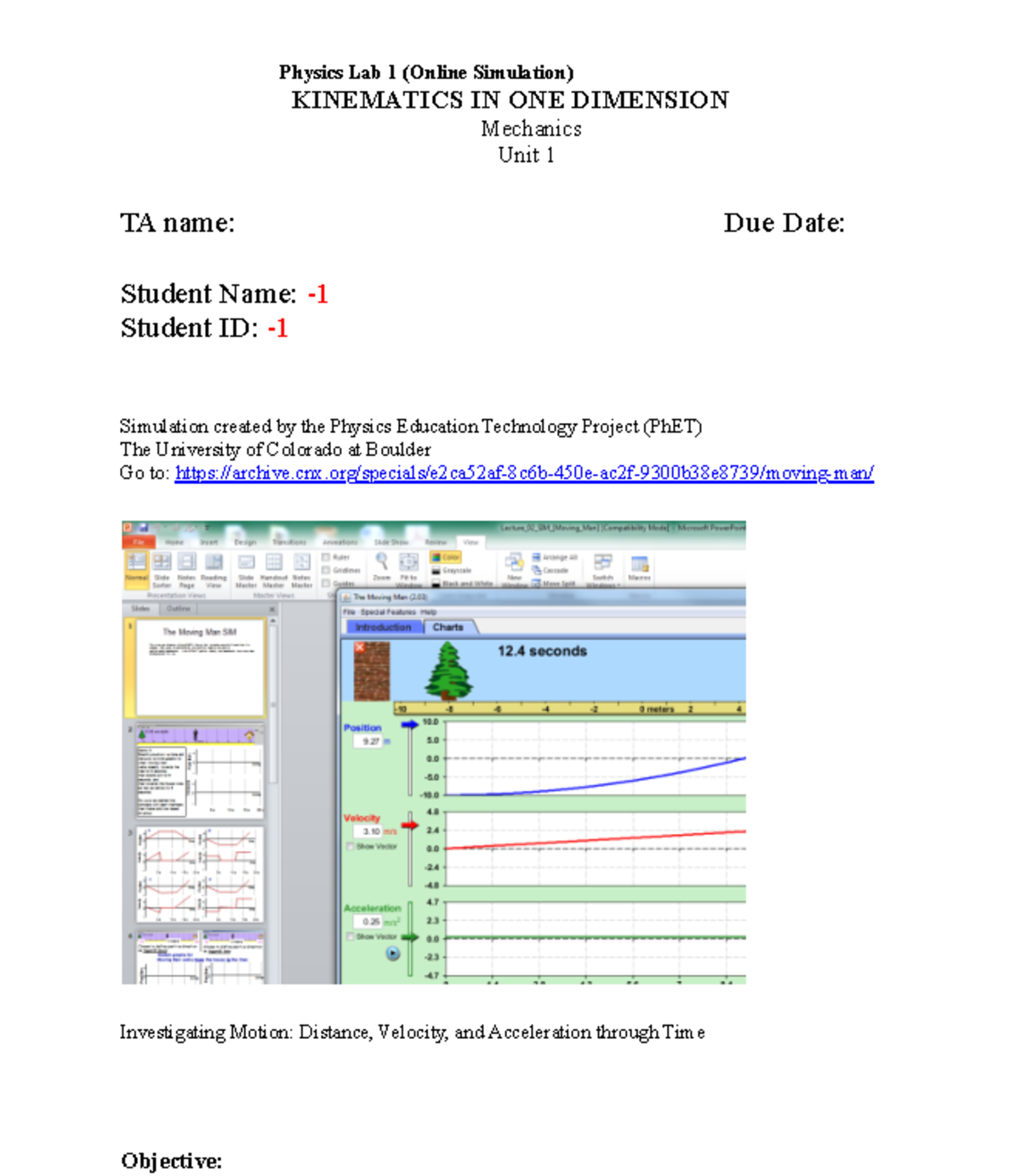 Lab 1 Kinematics+1 D+Online - Physics Lab 1 (Online Simulation ...