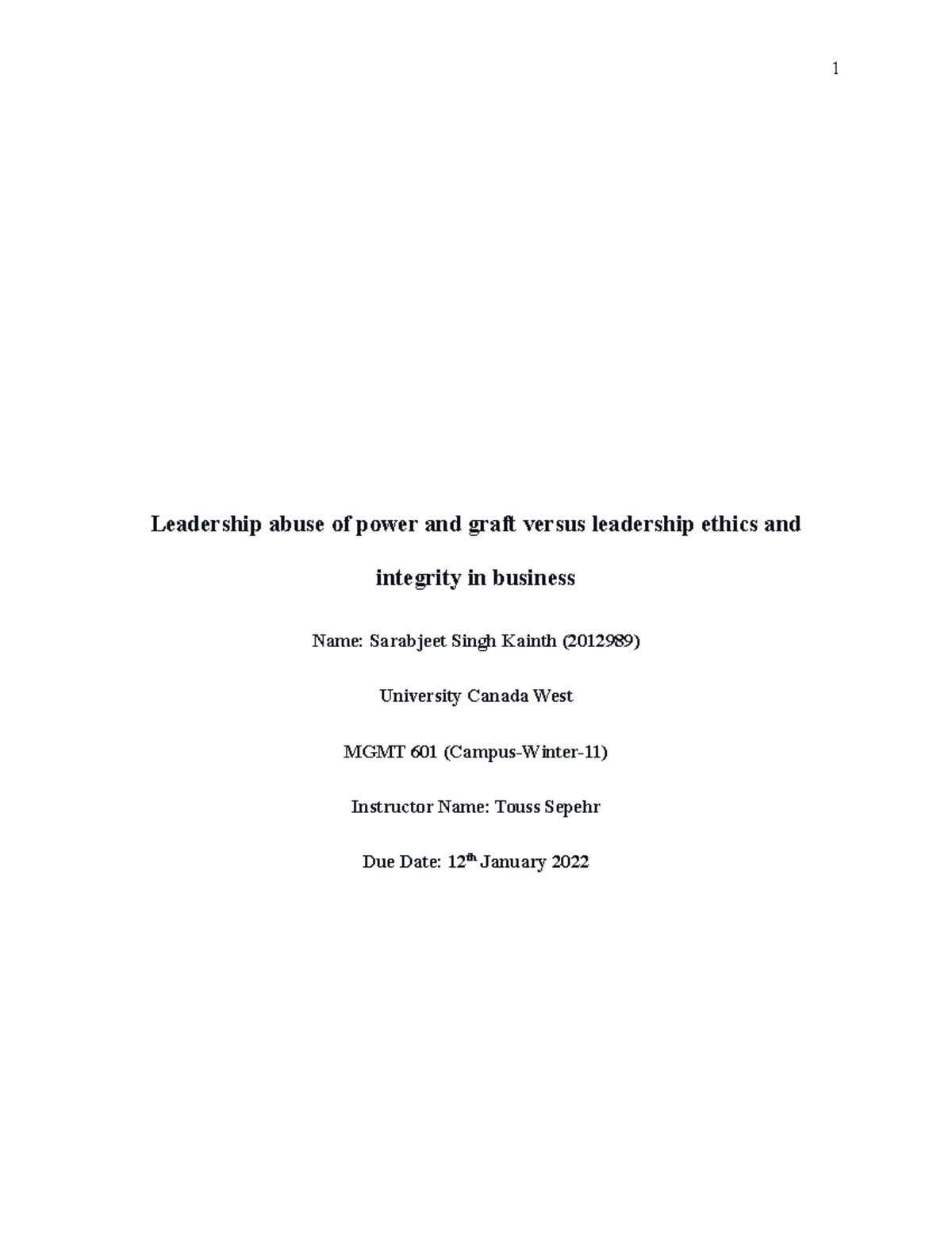 MGMT Leadership Assignment 4 - Leadership abuse of power and graft ...