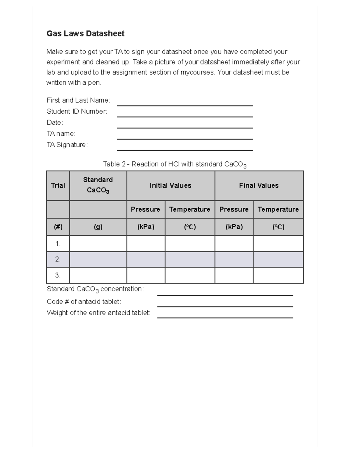 Gas Laws Lab Manual and Datasheets - Winter 2024 - CHEM-120 122 - Gas ...