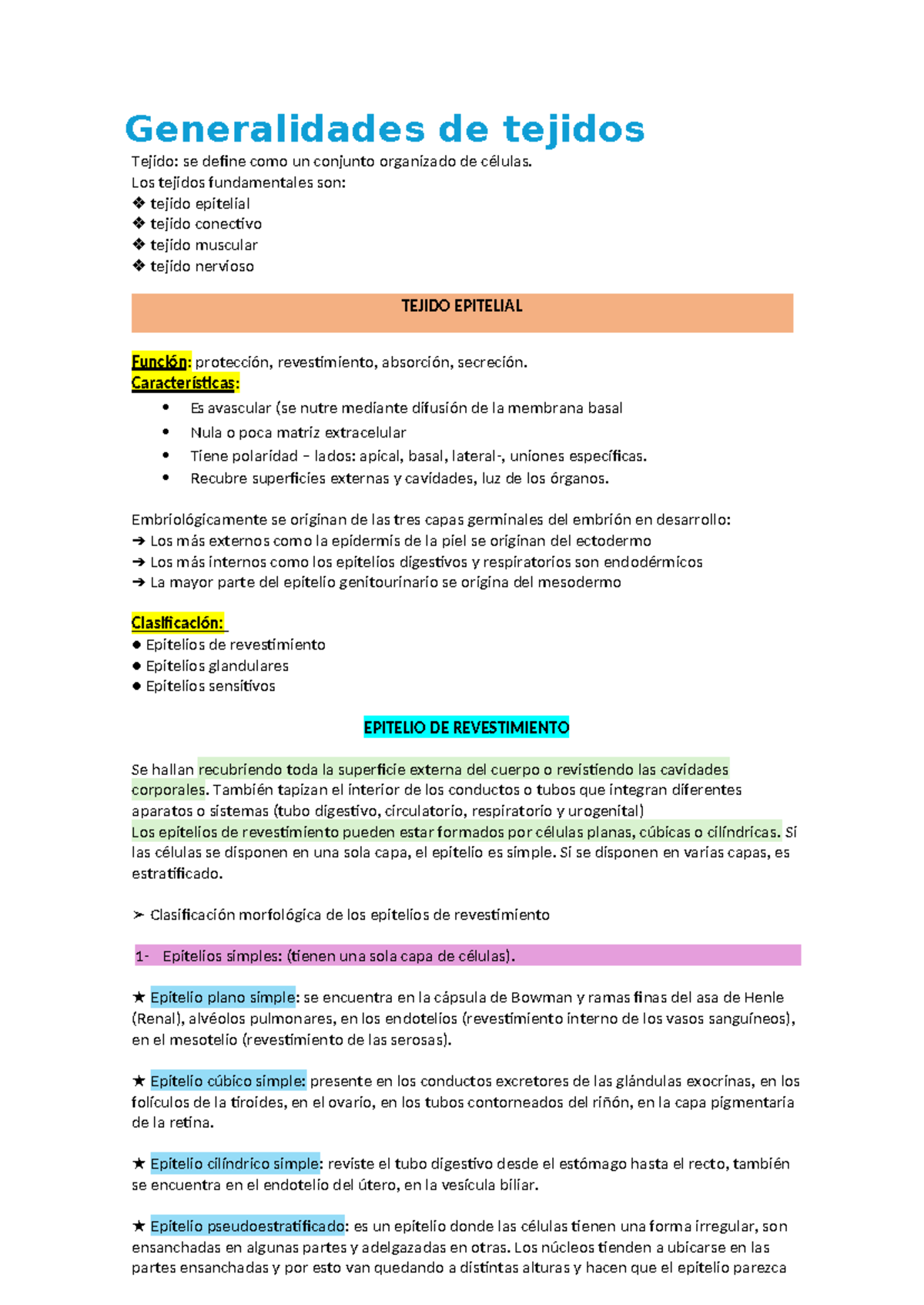 TEjido EPitelial - resumen - Generalidades de tejidos Tejido: se define como un conjunto ...