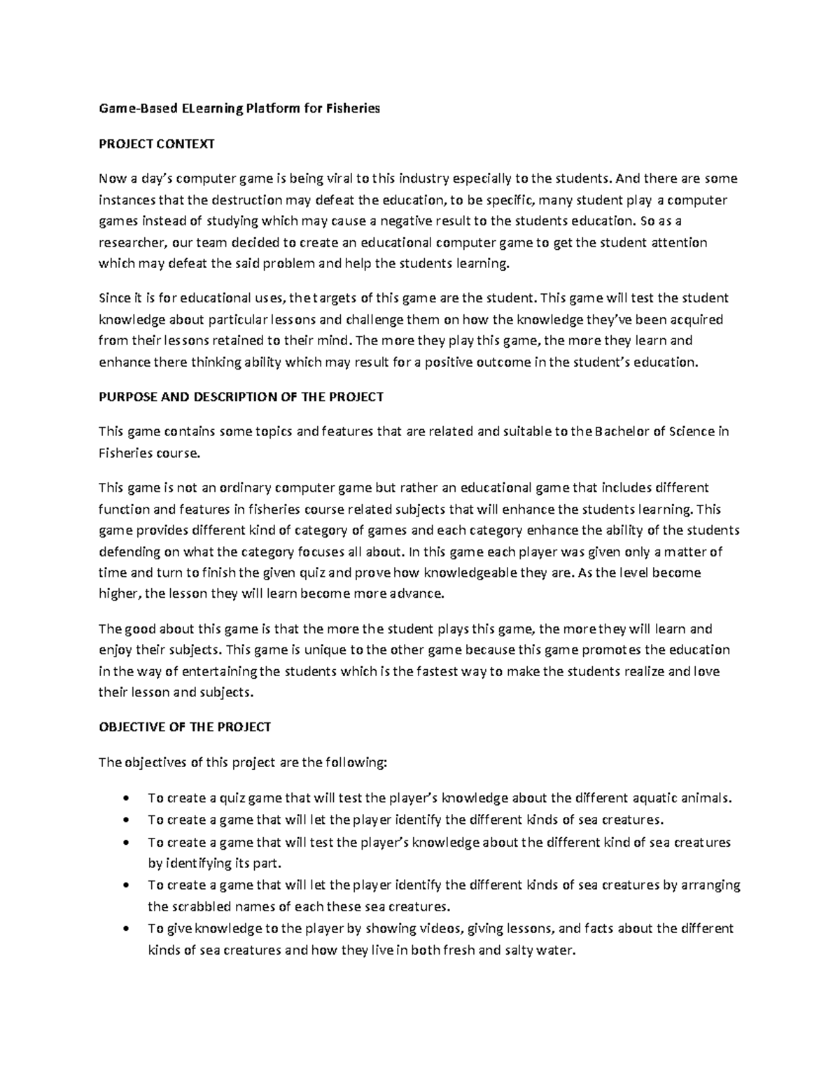 Game Based Elearning Platform for Fisheries PDF Documentation - Game ...