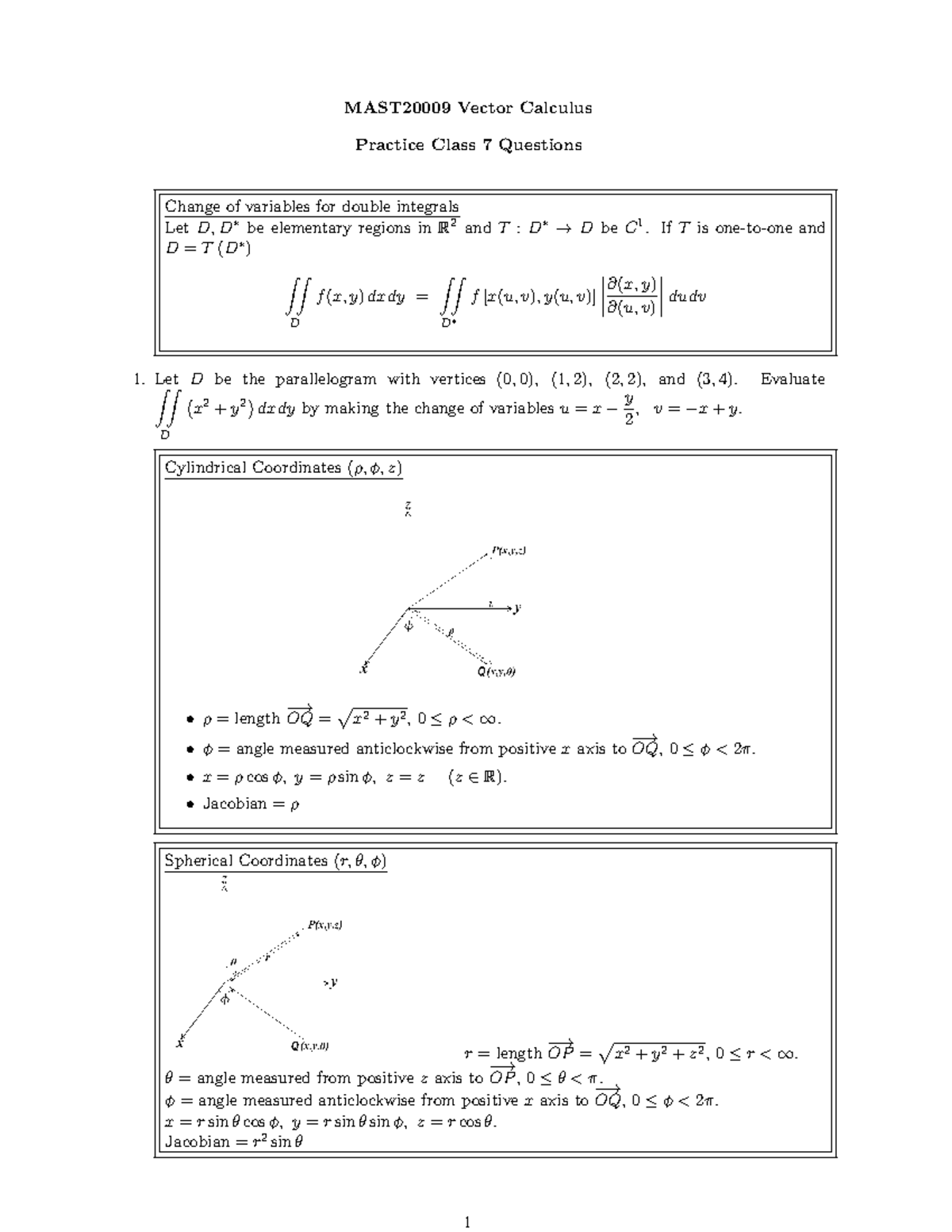 MAST2000 9 tutorial week 08 - MAST20009 Vector Calculus Practice Class 7 Questions Change of ...