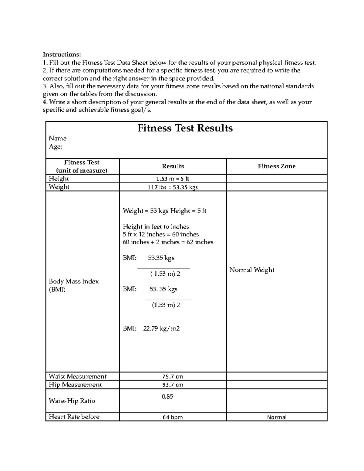 Fitness Tests-Data Sheet - Instructions: Fill out the Fitness Test Data ...