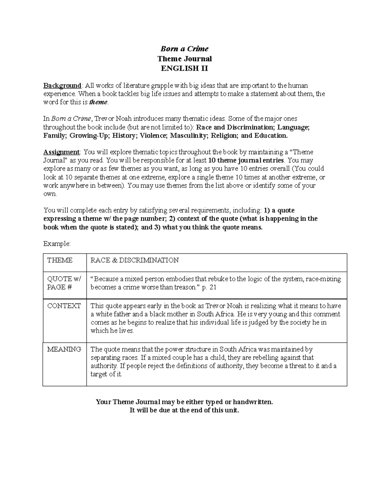 Born a Crime Theme Journal - Born a Crime Theme Journal ENGLISH II ...