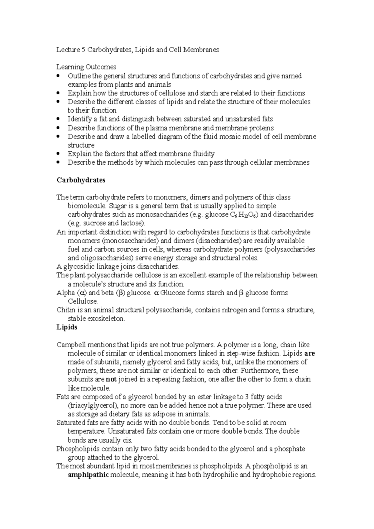 Lecture 5 Carbohydrates - Lecture 5 Carbohydrates, Lipids and Cell ...