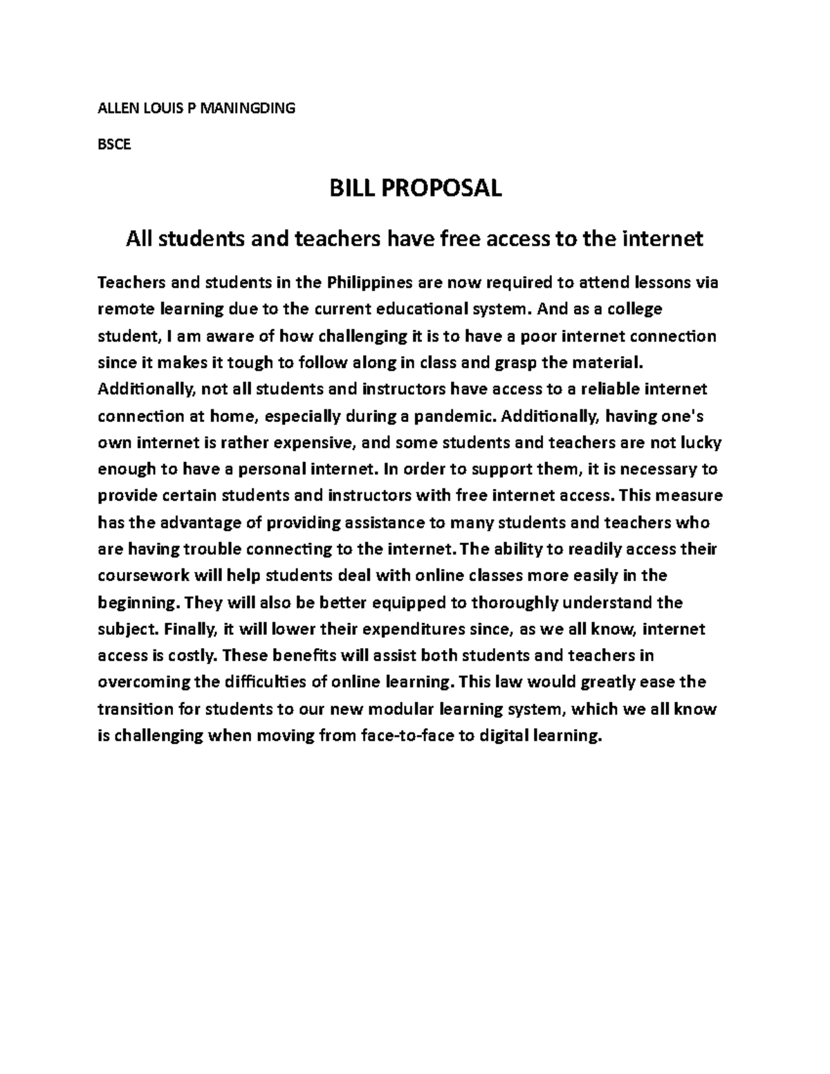 BILL Proposal - ALLEN LOUIS P MANINGDING BSCE BILL PROPOSAL All ...