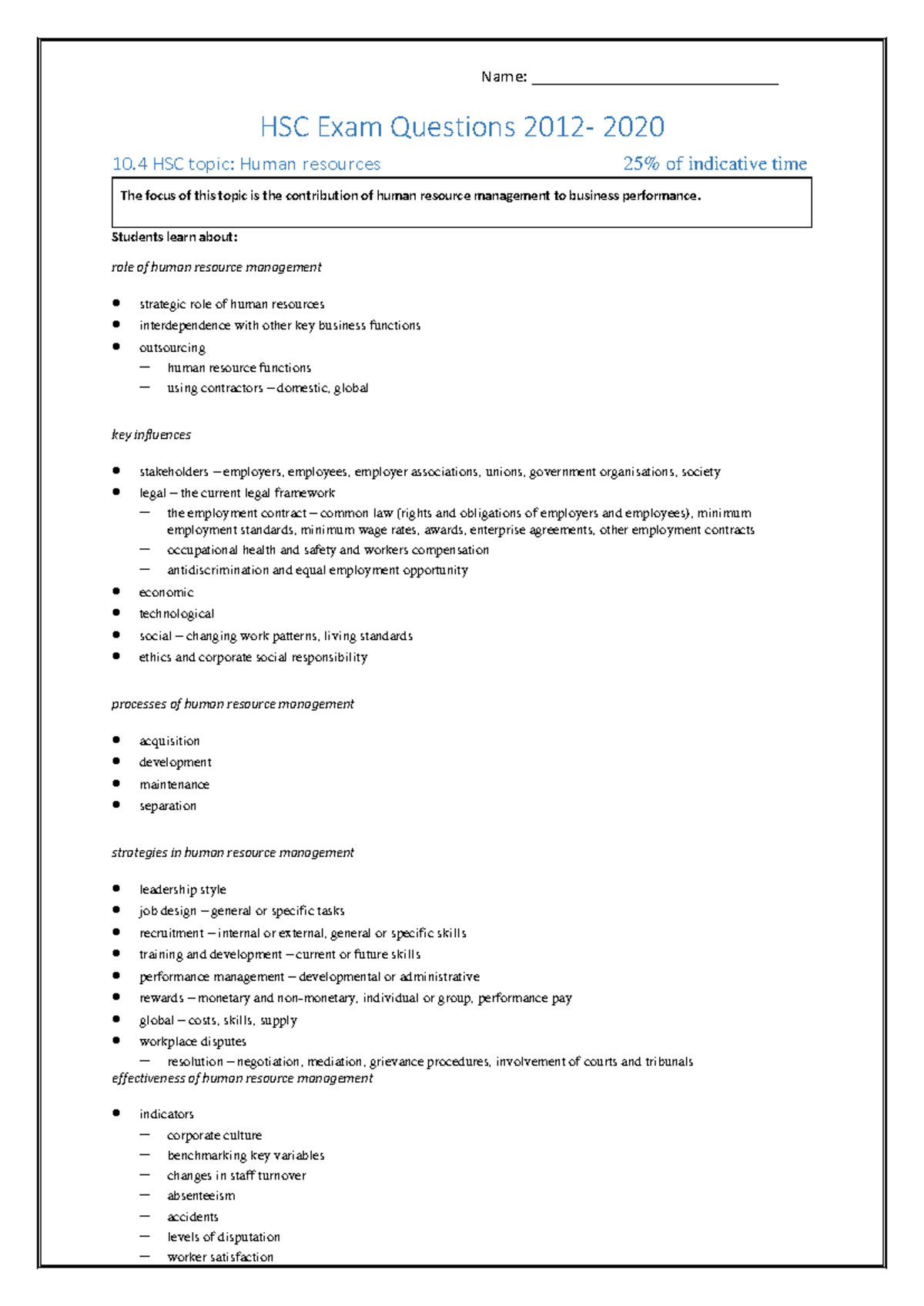 Human resources ms brown - Name: _____________________________ HSC Exam ...