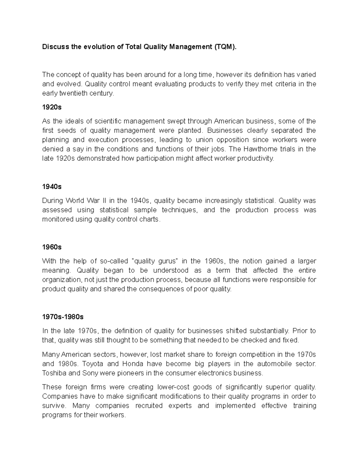 2-2 BUMA - Discuss the evolution of Total Quality Management (TQM ...