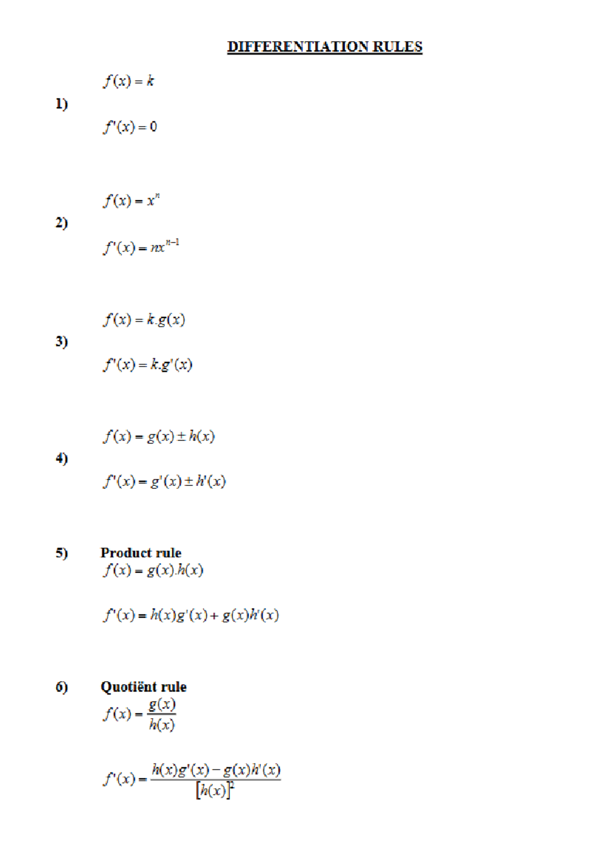 Differentiation rules - STK 123 - DIFFERENTIATION RULES f(x) =k 1) f'(x ...
