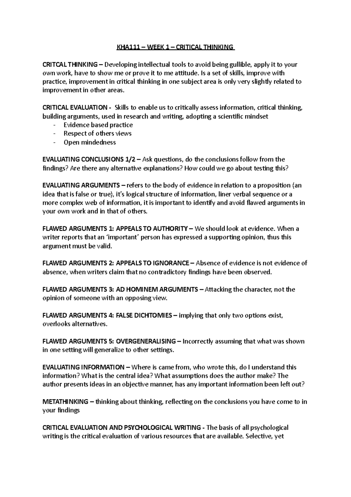 Week 1 - critical thinking - KHA111 – WEEK 1 – CRITICAL THINKING ...