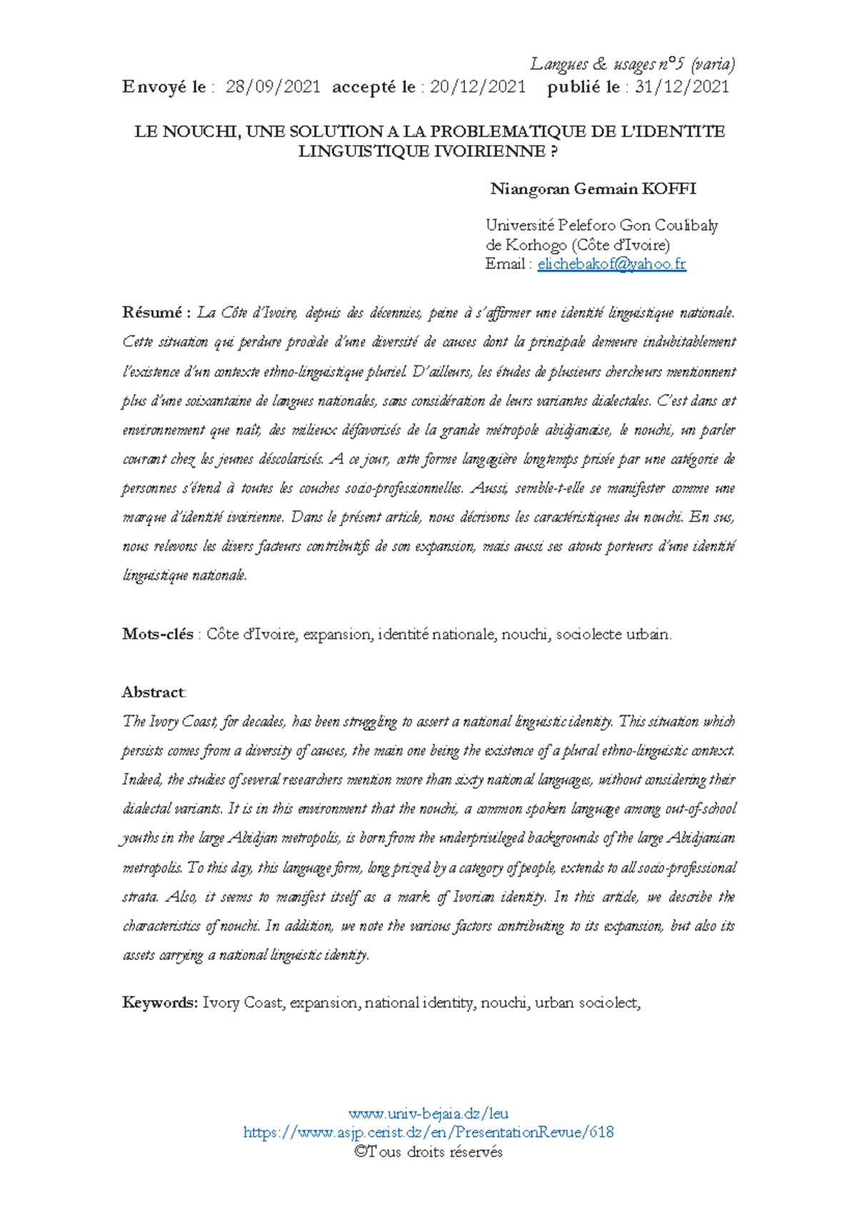 LE Nouchi UNE Solution A LA Problematique DE L’ Identite Linguistique Ivoirienne - Langues ...
