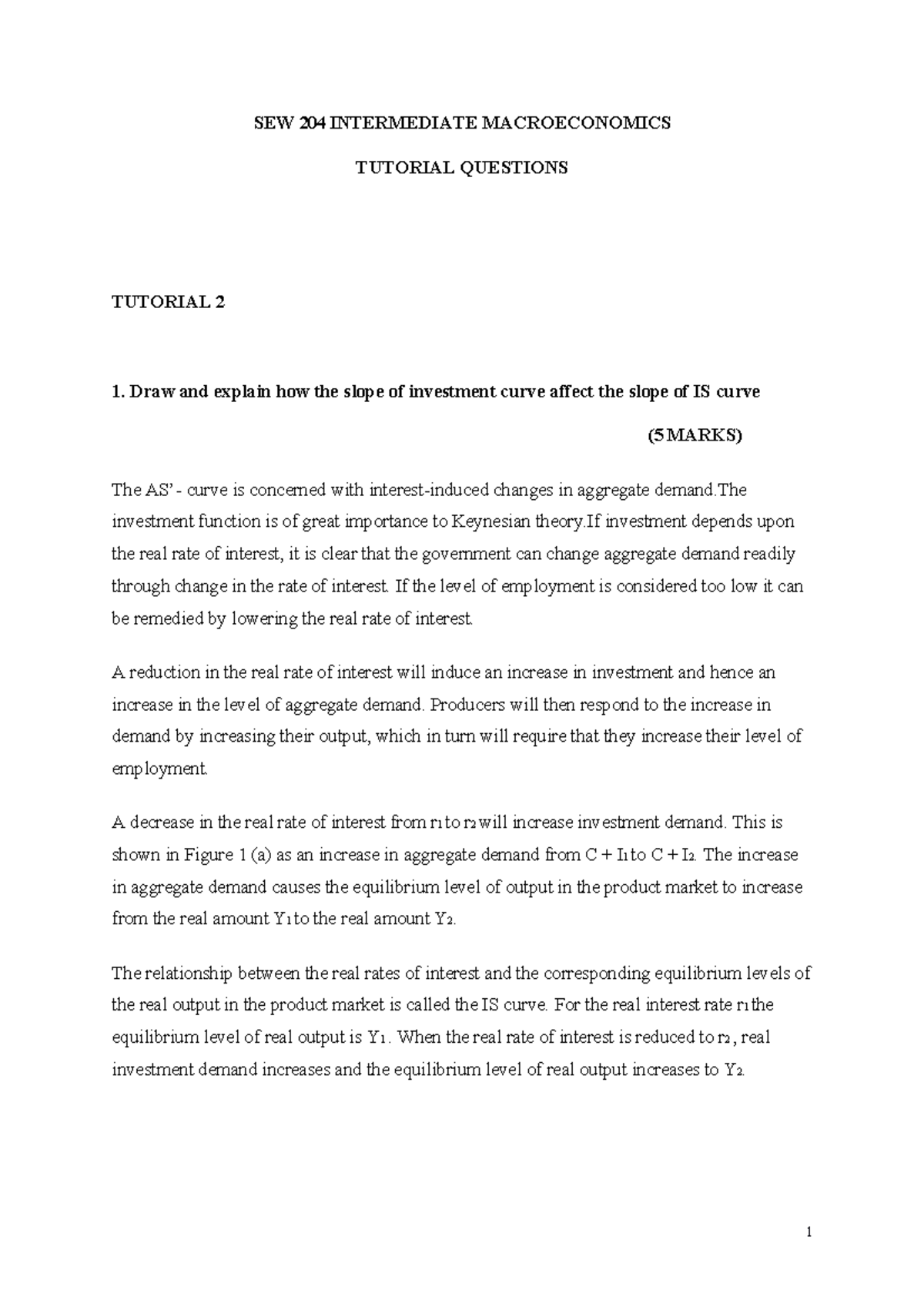 Tutorial 2 SEW 204 Intermediate Macroeconomics - SEW 204 INTERMEDIATE MACROECONOMICS TUTORIAL ...