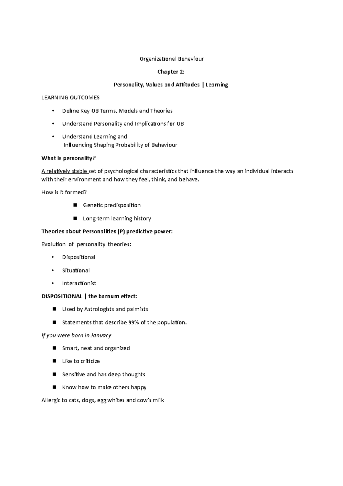 OB Chapter 2 - Organizational Behaviour Chapter 2: Personality, Values ...