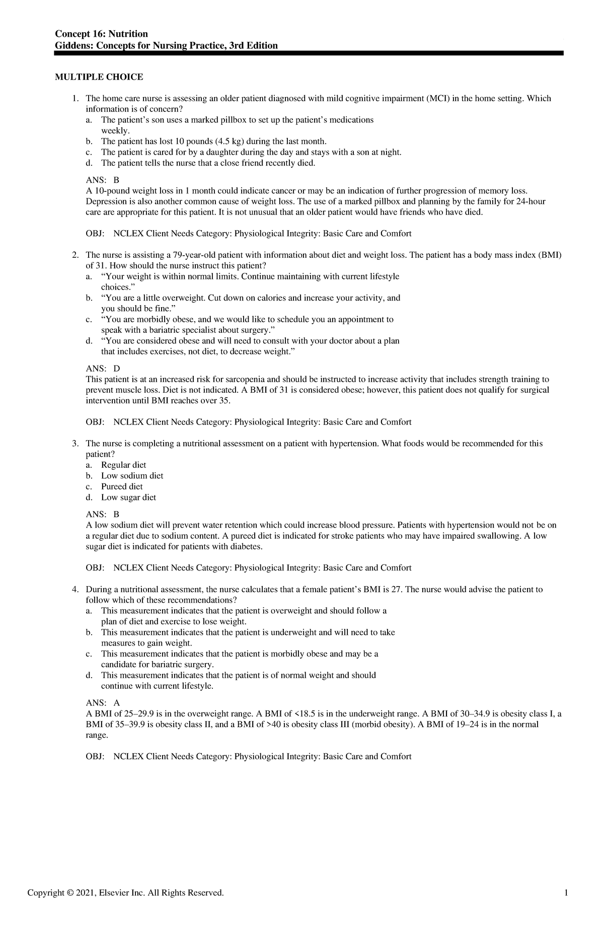 Exam View - Chapter 16 - Copyright © 2021, Elsevier Inc. All Rights Reserved. 1 Concept 16 ...