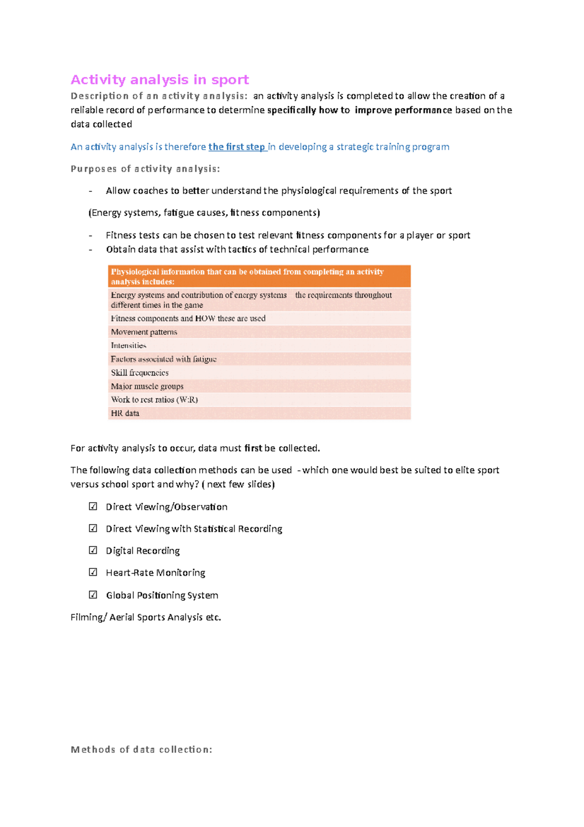 Activity analysis - AOS1 notes - Activity analysis in sport Description ...