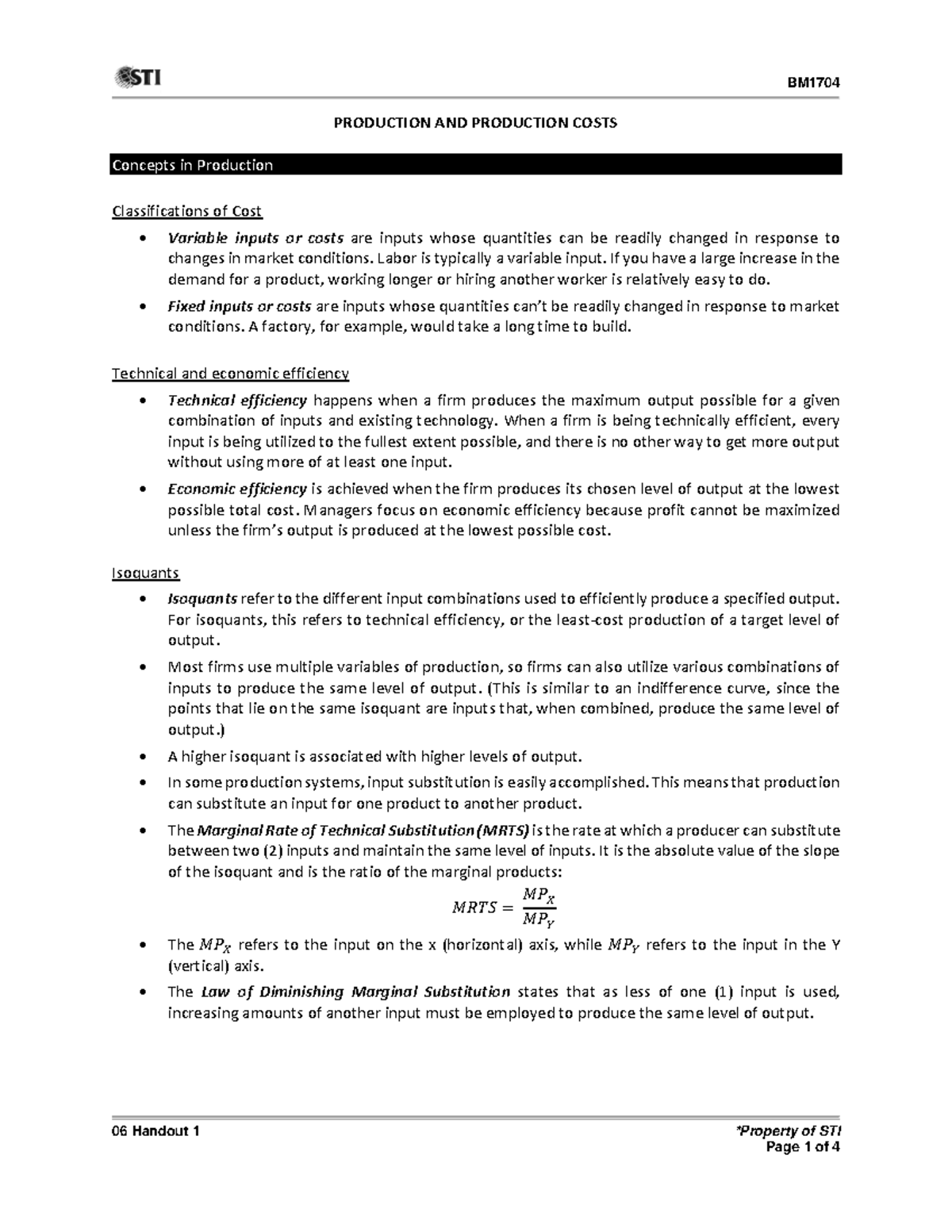 Production & Prod. Cost Handouts - economics - Central - Studocu