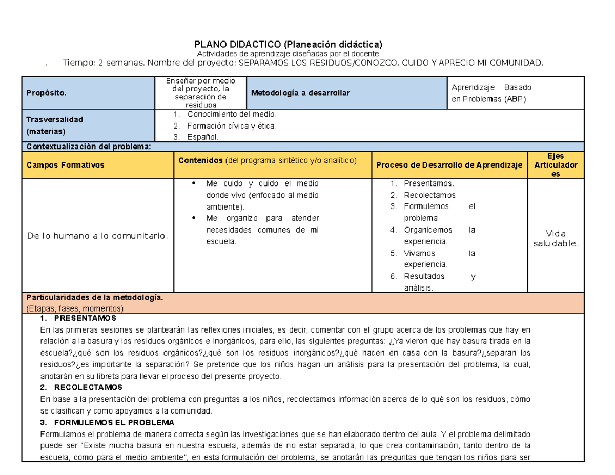 Planeación POR Proyectos - PLANO DIDACTICO (Planeación didáctica ...
