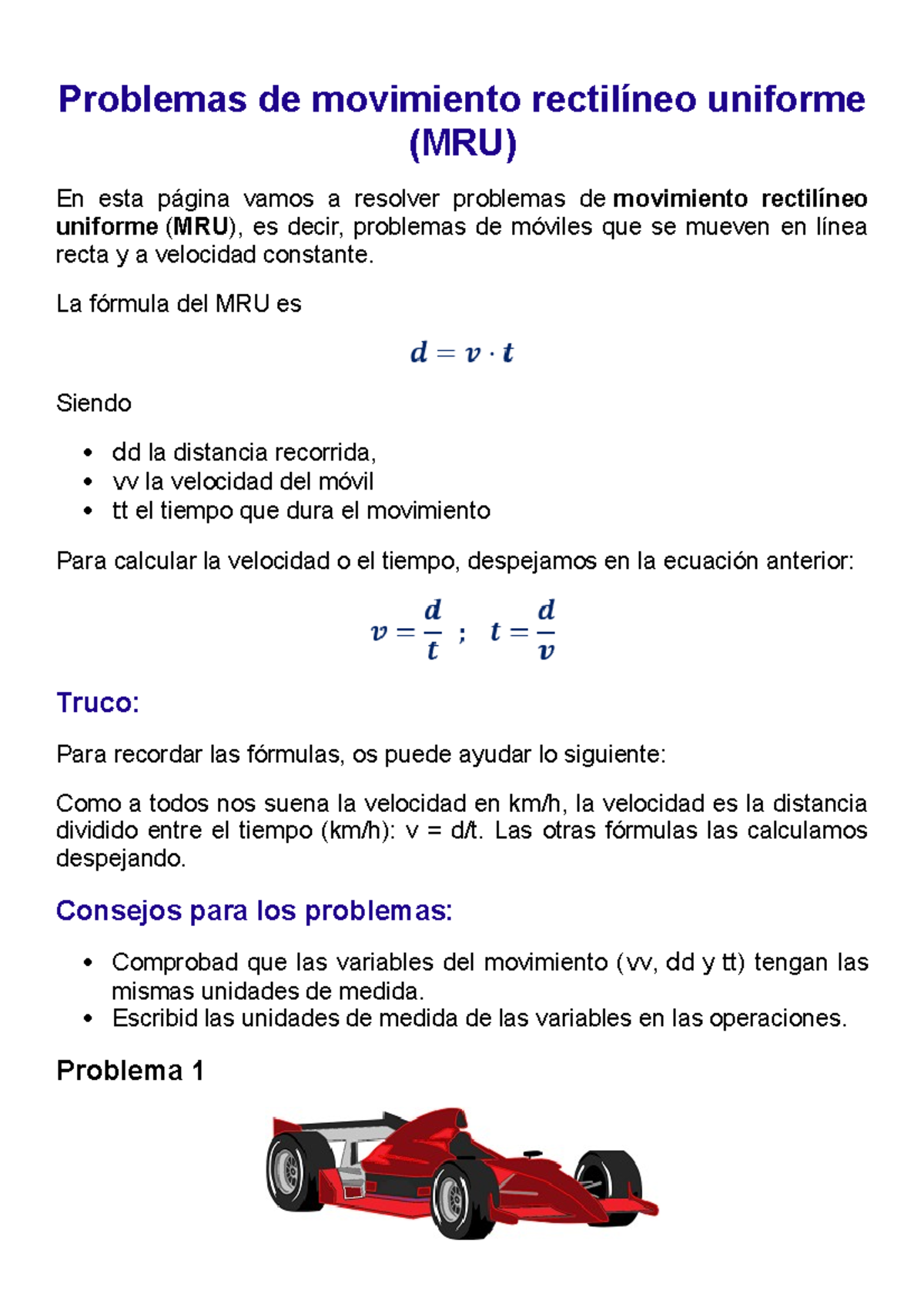 Problemas de movimiento rectilíneo uniforme - Problemas de movimiento ...