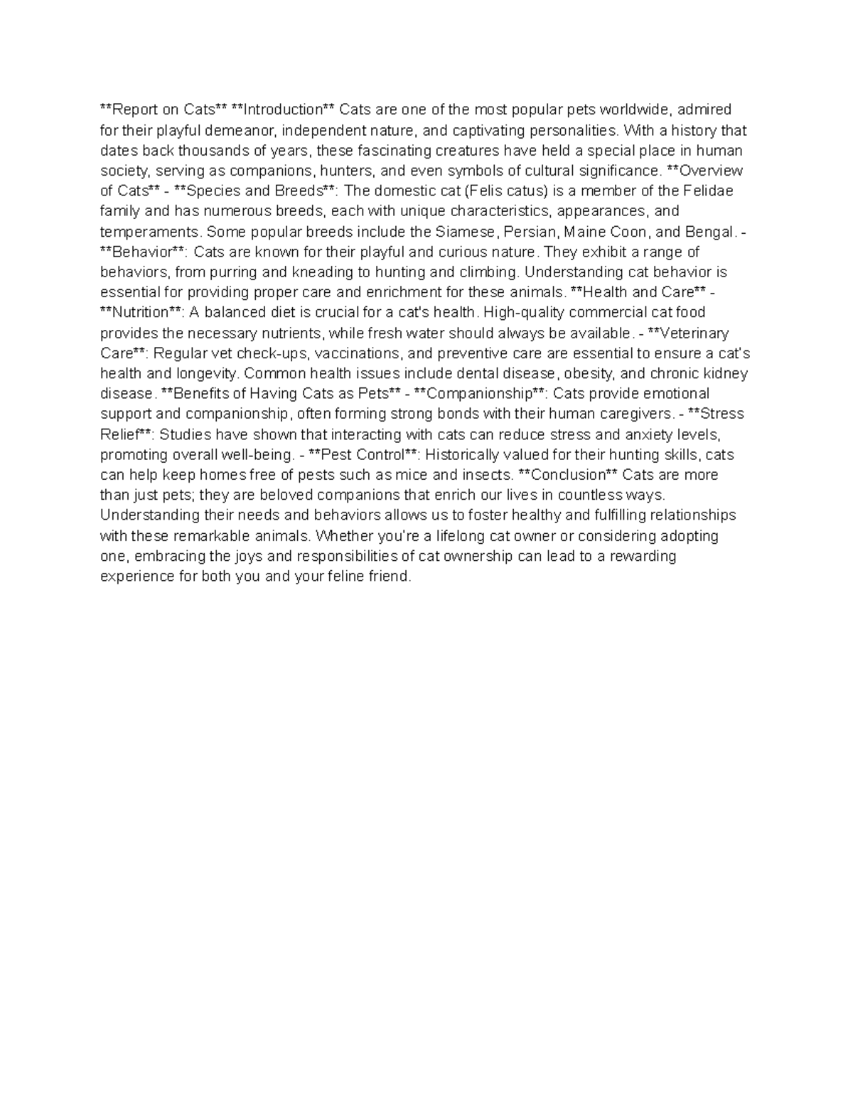 An essay about cat care - Report on Cats Introduction Cats are one of ...