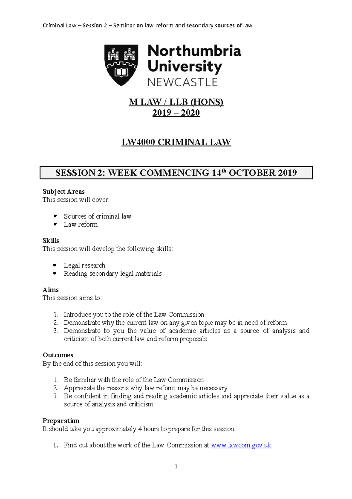 Seminar 1 - sem 1 - M LAW / LLB (HONS) 2019 – 2020 LW4000 CRIMINAL LAW ...