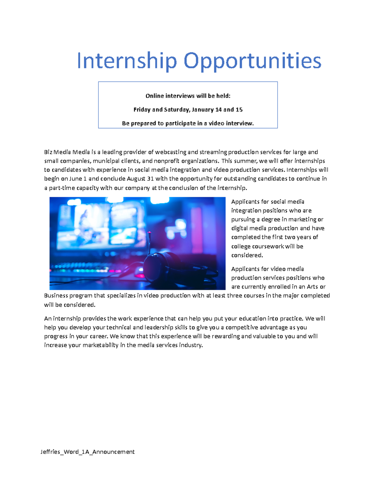 Word 1A Announcement - Internship Opportunities Biz Media Media is a ...