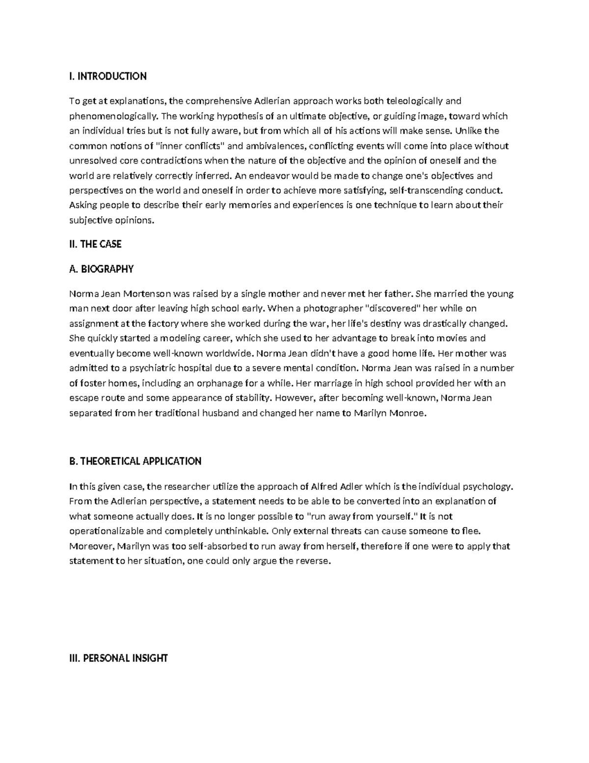 Marilyn monroe case study - I. INTRODUCTION To get at explanations, the ...