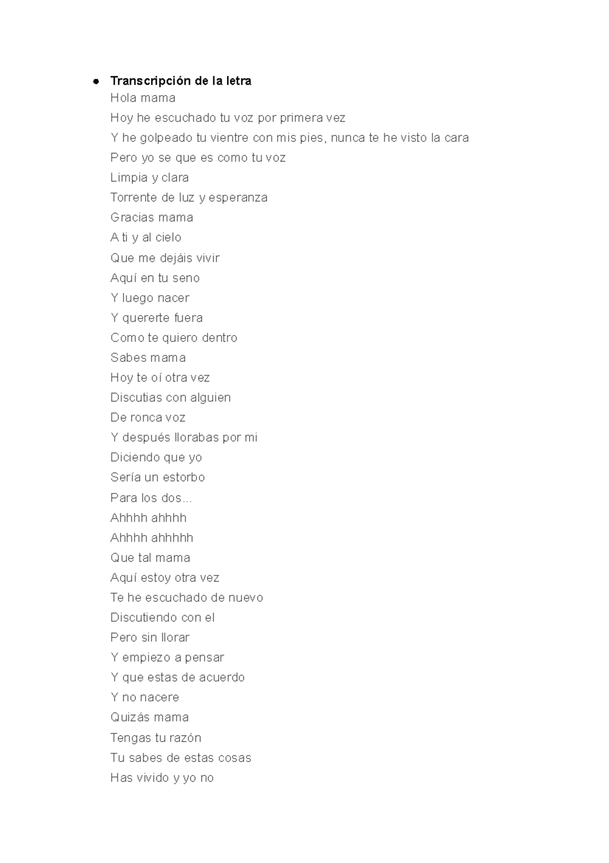 Taller eq.5 impreso Cancion Adios mama - Transcripción de la letra Hola ...