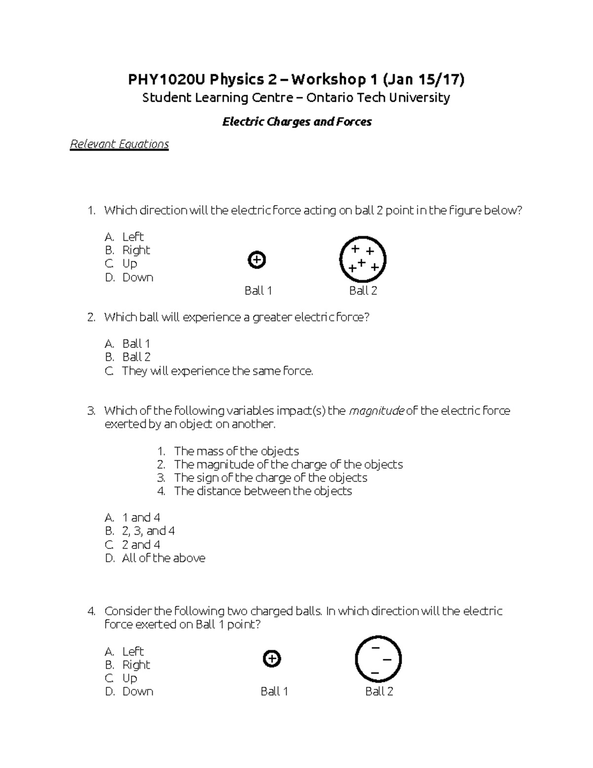PHY1020U Workshop 1 - 2024 - PHY10 2 0U Physics 2 – Workshop 1 (Jan 15/ ...