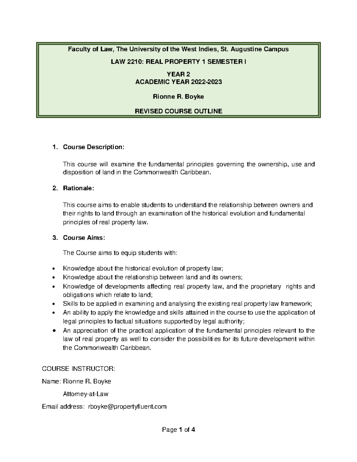 Revised Course Outline Real Property 1 November 2022 - Faculty of Law ...