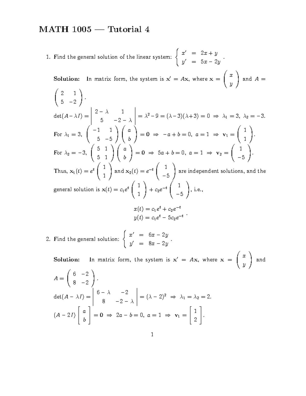 1005 Tut4-F24 - hua tutorial - MATH 1005 — Tutorial 4 Find the general solution of the linear ...