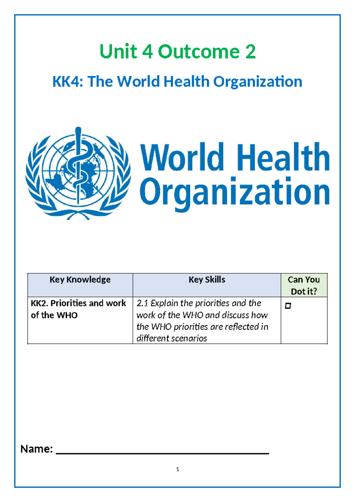 KK4- WHO Final - Unit 4 Outcome 2 KK4: The World Health Organization ...