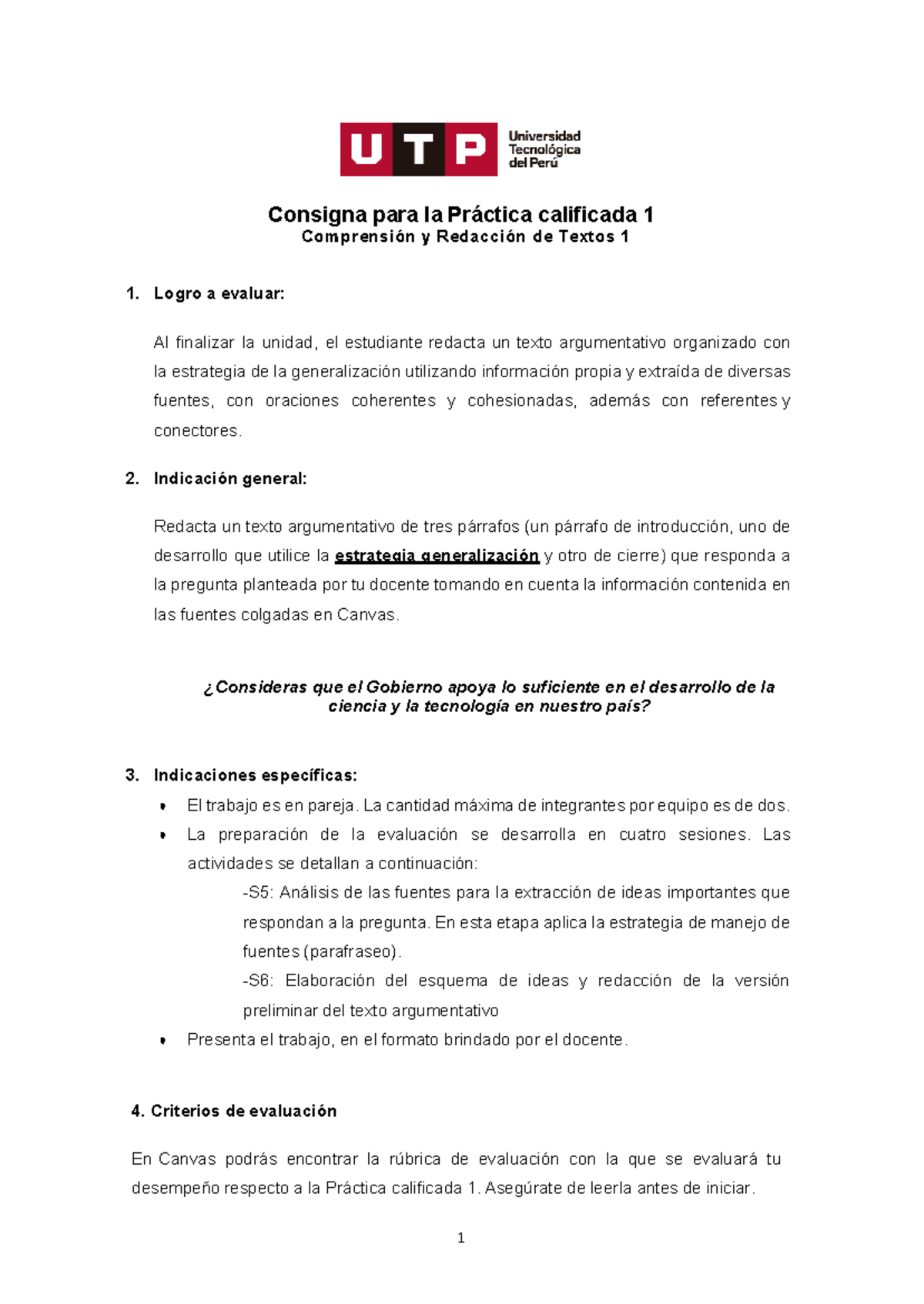 Practica Califica 1 - Resumen Redacción de textos - Consigna para la Práctica calificada 1 - Studocu