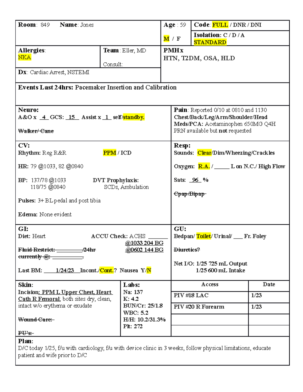 AH3 Cardiac Arrest Handoff Report PCU Clinical - Room: 849 Name: Jones ...