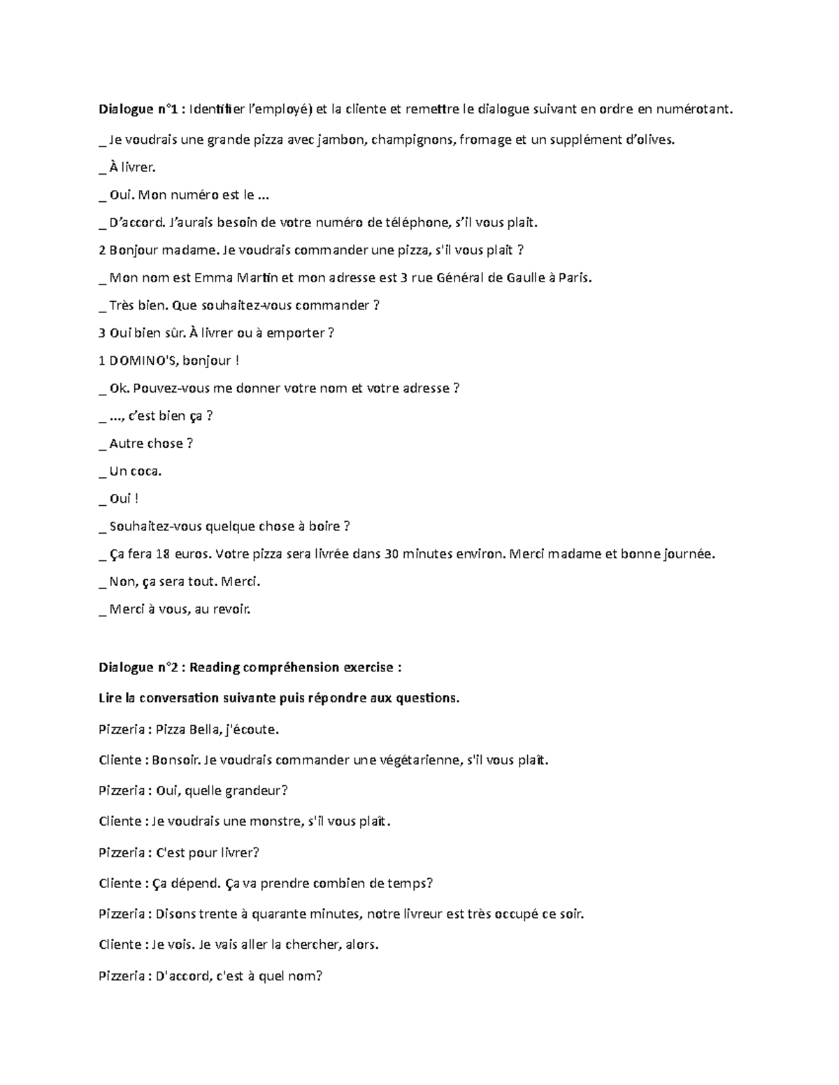 Commande+ Pizza+PAR+ Telephone+ Exercice+ Remets+EN+ Ordre - Dialogue n ...